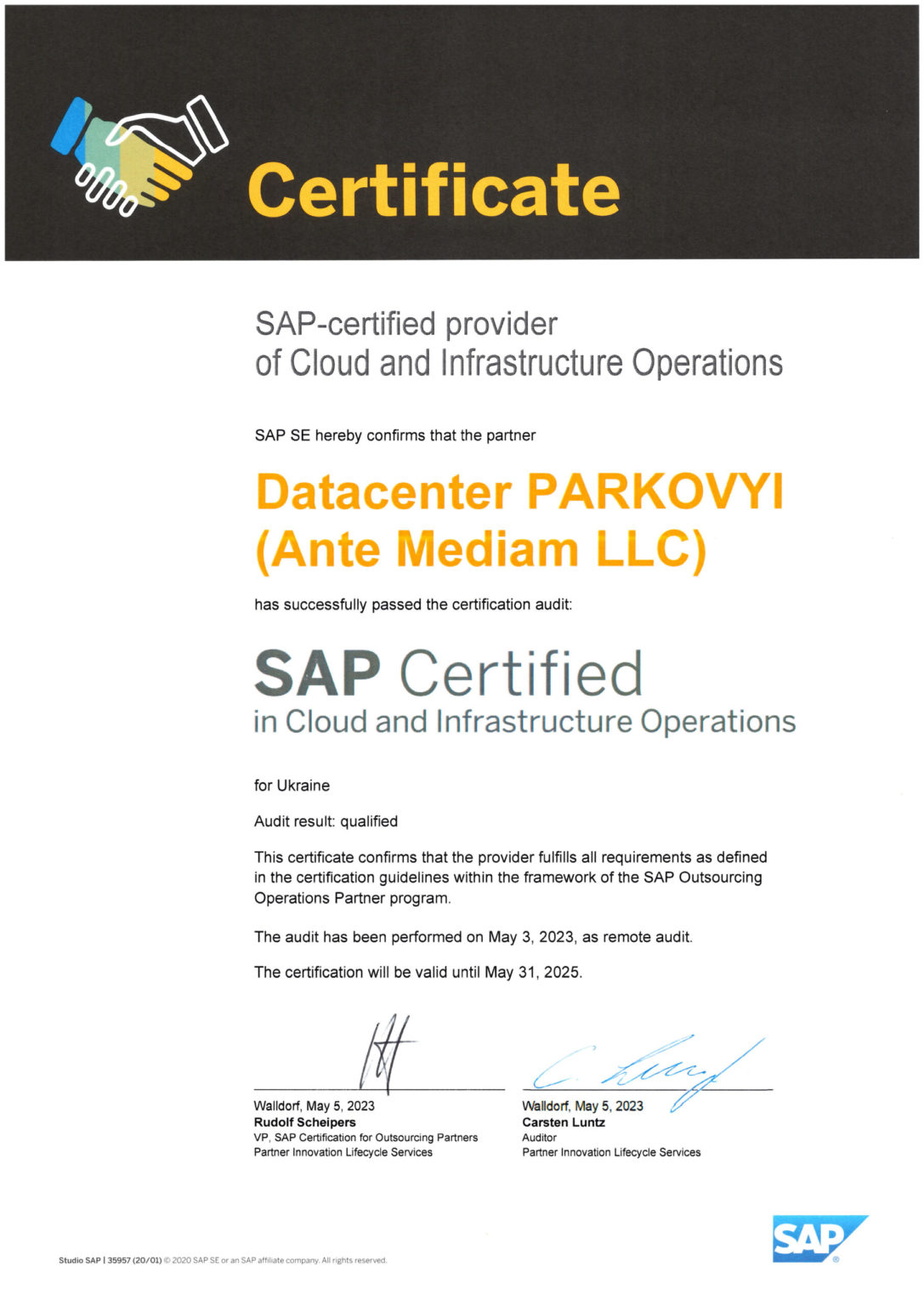 The PARKOVYI Data Center has passed SAP® Certification